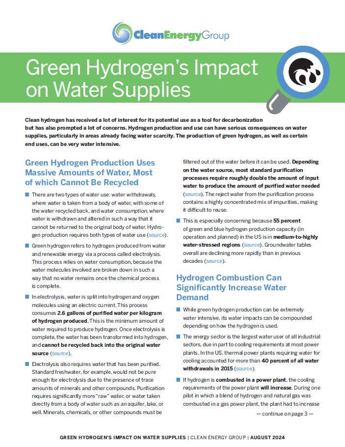 Fact Sheet: Green Hydrogen's Impact on Water Supplies - Clean Energy Group