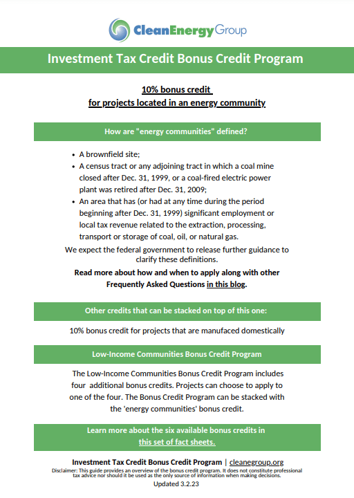 Investment Tax Credit Fact Sheets: Bonus Credit Program - Clean Energy Group