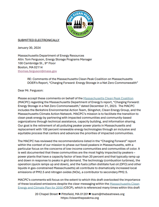 Massachusetts Clean Peak Coalition Comments to DOER - Clean Energy Group