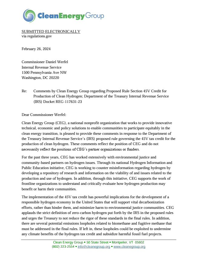 Clean Energy Group Comments on IRS Proposed 45V Tax Credit for Clean Hydrogen Production - Clean ...