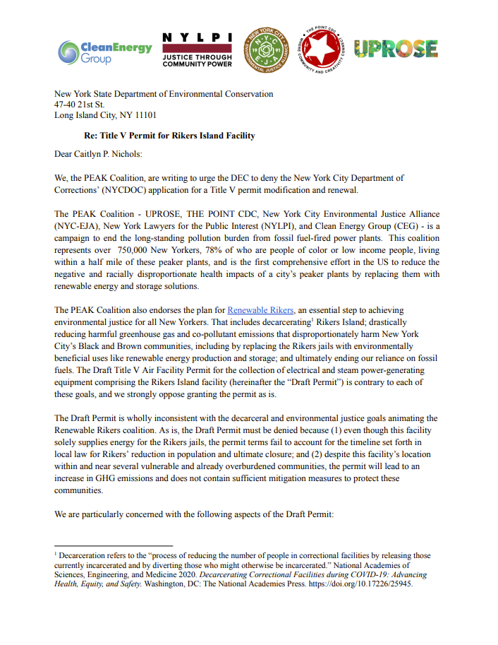 PEAK Coalition Comments on Title V Permit for Rikers Island Facility ...