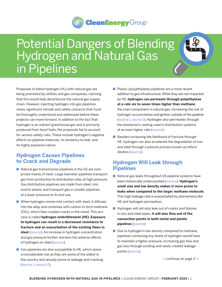 Potential Dangers of Blending Hydrogen and Natural Gas in Pipelines - Clean Energy Group