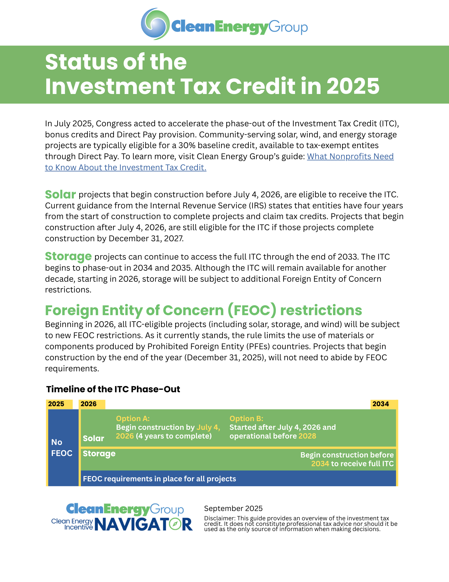 Status of the Investment Tax Credit in 2025 - Clean Energy Group