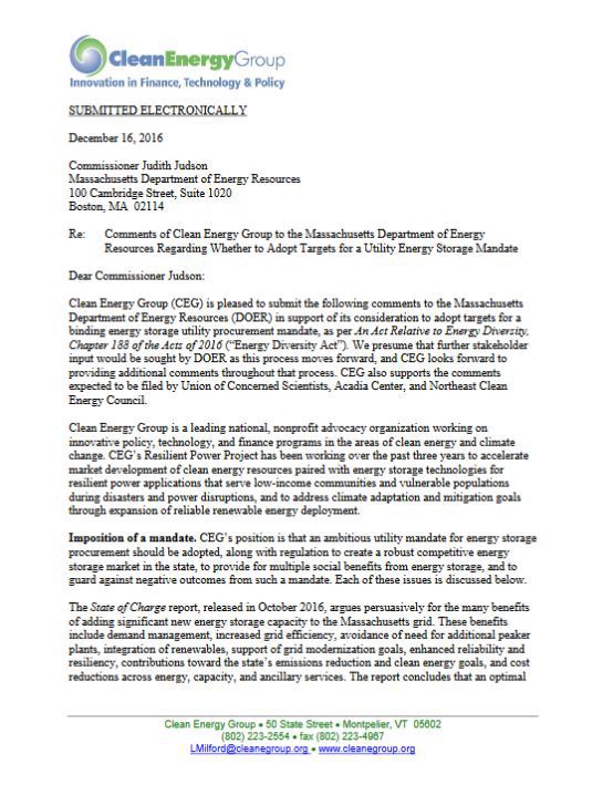 Comments to the Massachusetts Department of Energy Resources Regarding ...