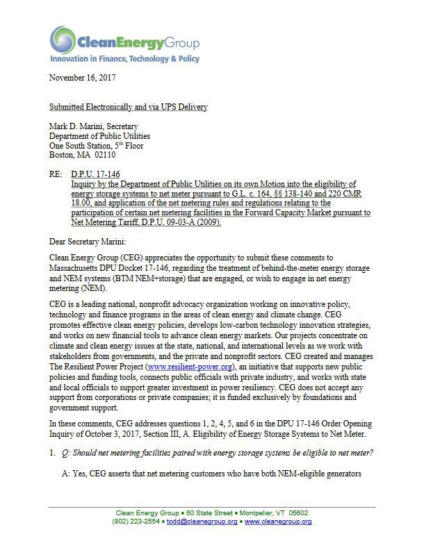 Comments of Clean Energy Group on MA DPU 17-146, Eligibility of Energy ...